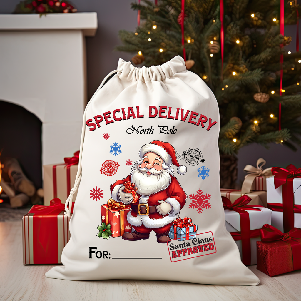 SPECIAL DELIVERY SANTA APPROVED Santa Sack Size DTF Print – Hustle ...